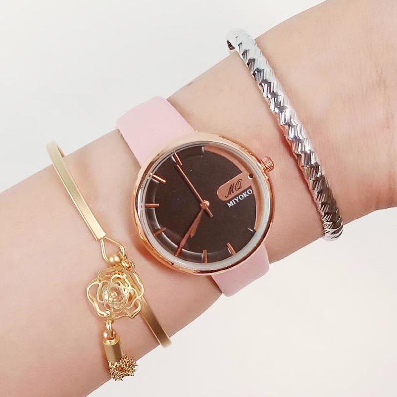 Pink In Black Holy With Gold Flower Bangle Watch Set – Miyoko Watches