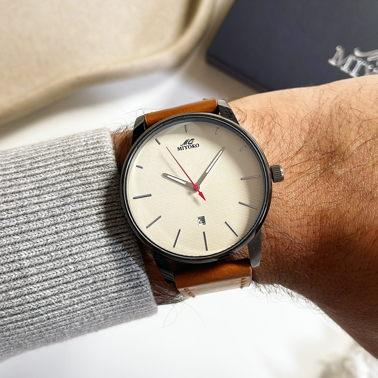 Havane Leather Black Frame White Dial Men Watch – Miyoko Watches