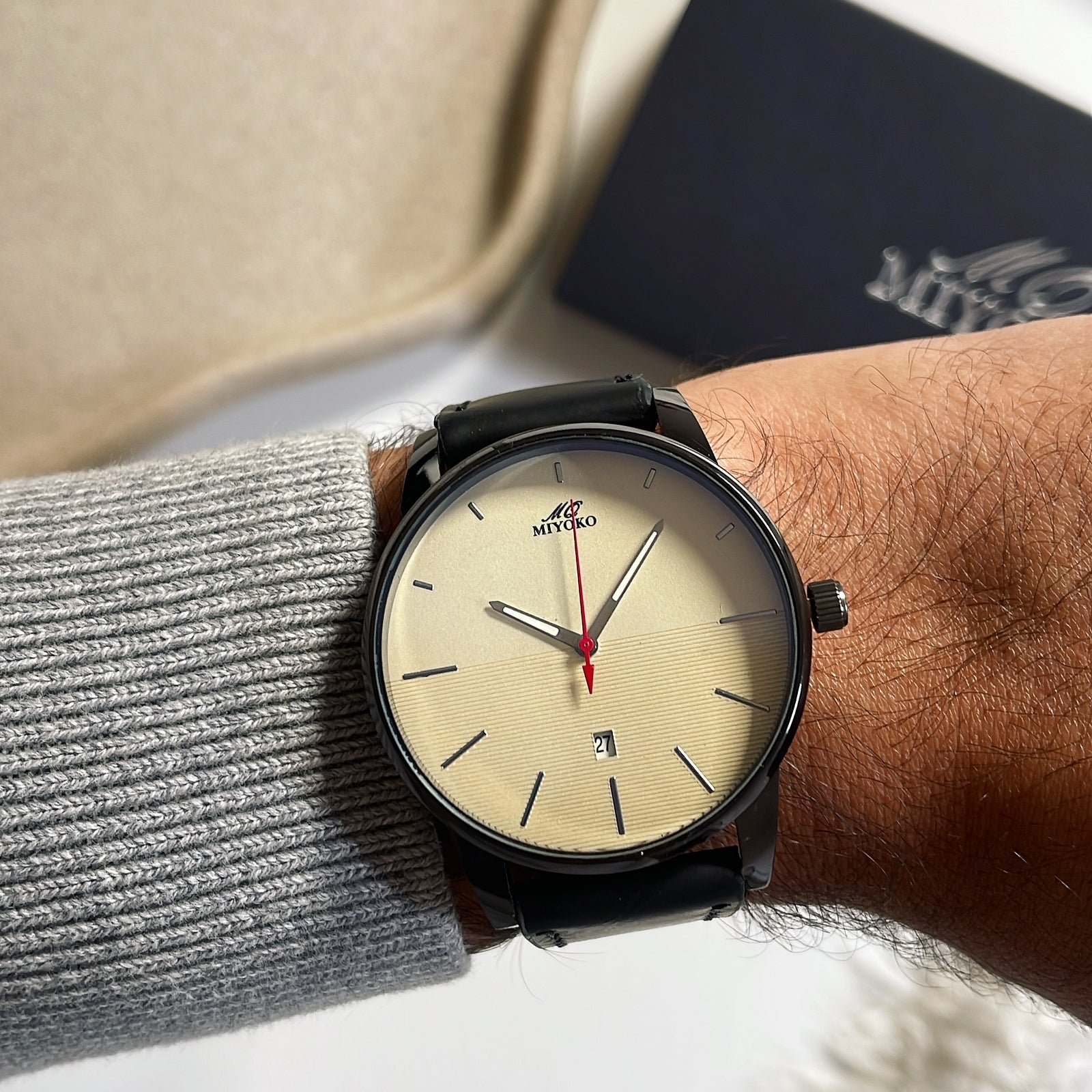 Black Leather Black Frame White Dial Men Watch – Miyoko Watches