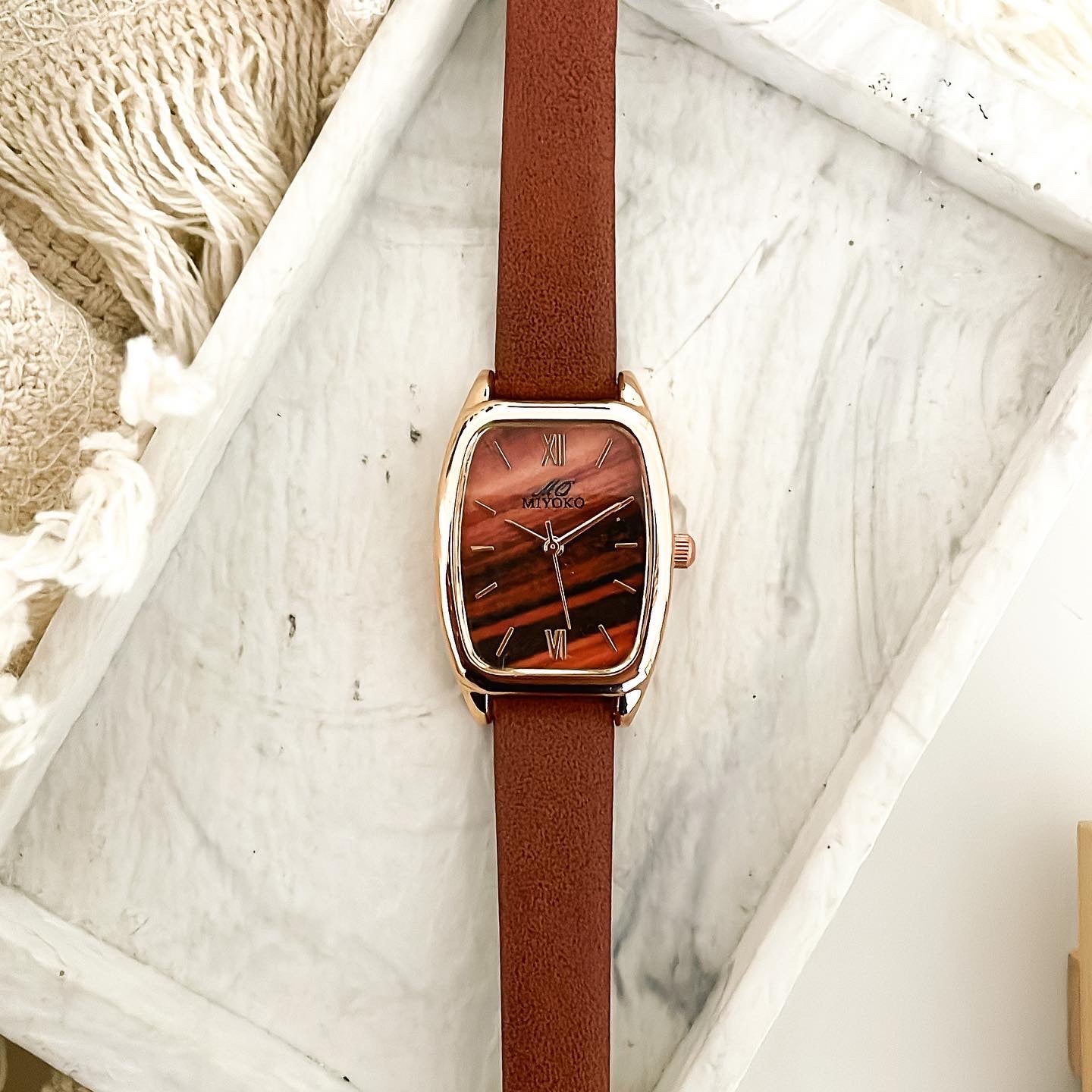 Brown Rectangular Leather Watch – Miyoko Watches